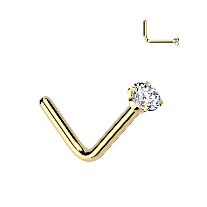 Titanium Gold Clear Prong Gem 'L' Bend Nose Stud – Cherry Body Jewellery